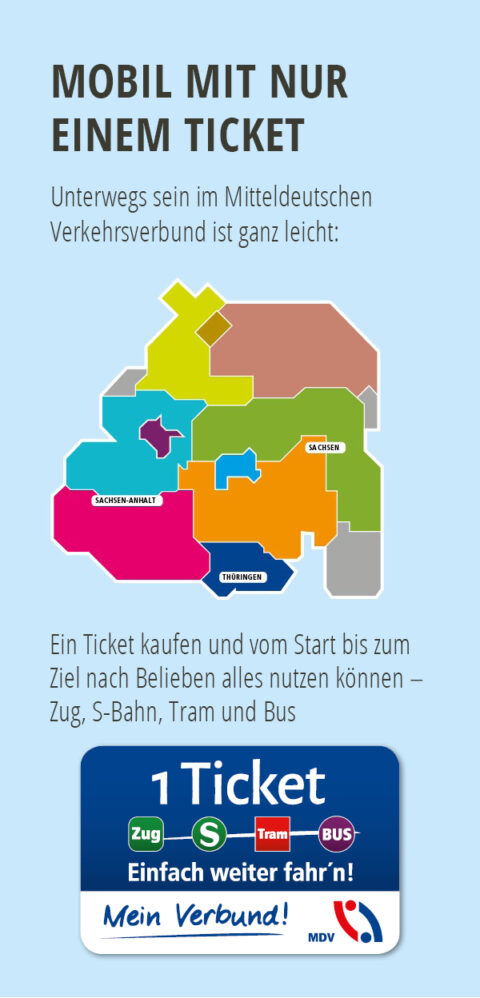 1 Ticket für Zug, S-Bahn, Tram und Bus im MDV